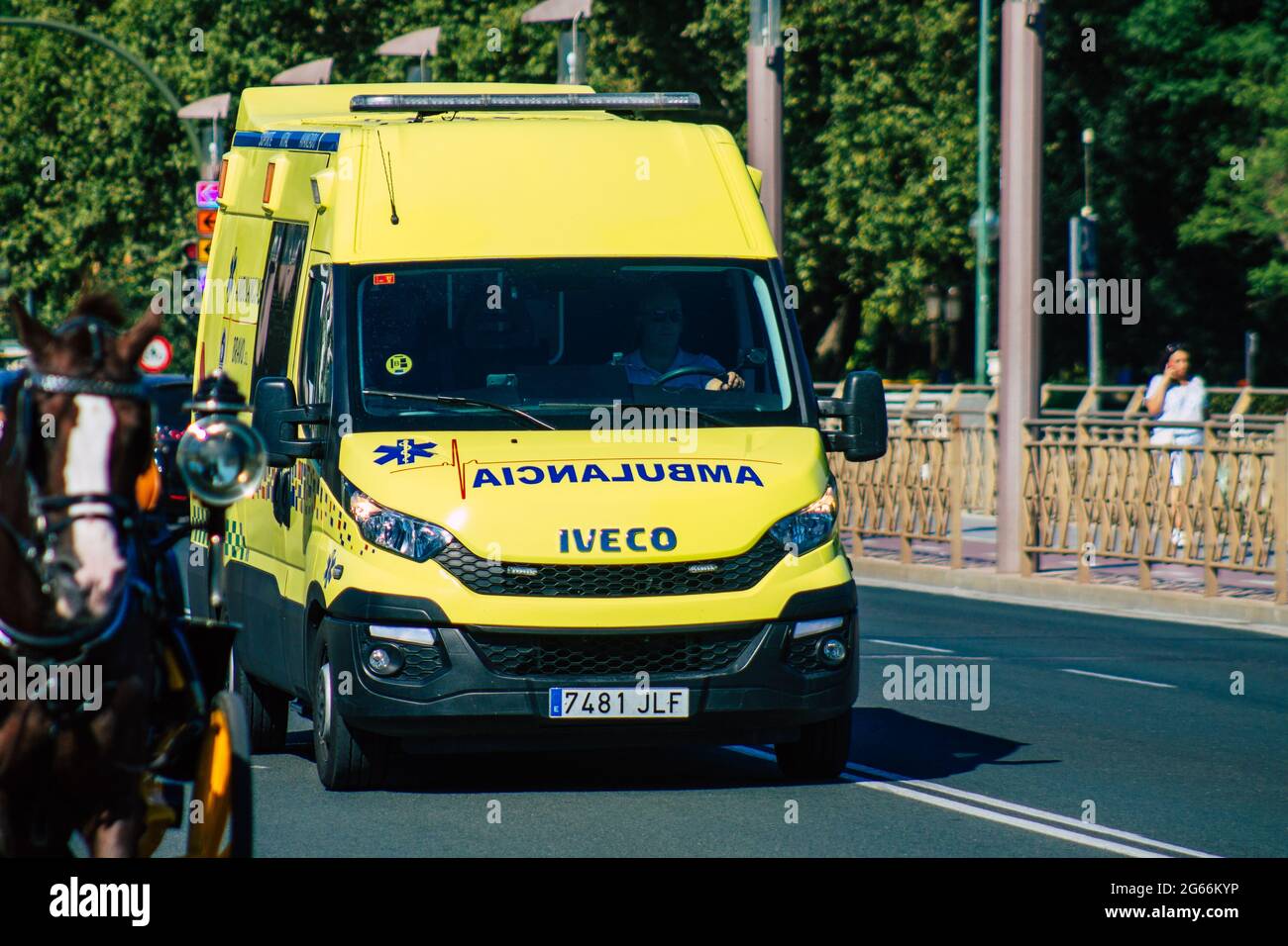 Seville Spain July 02, 2021 Ambulance driving through the streets of ...