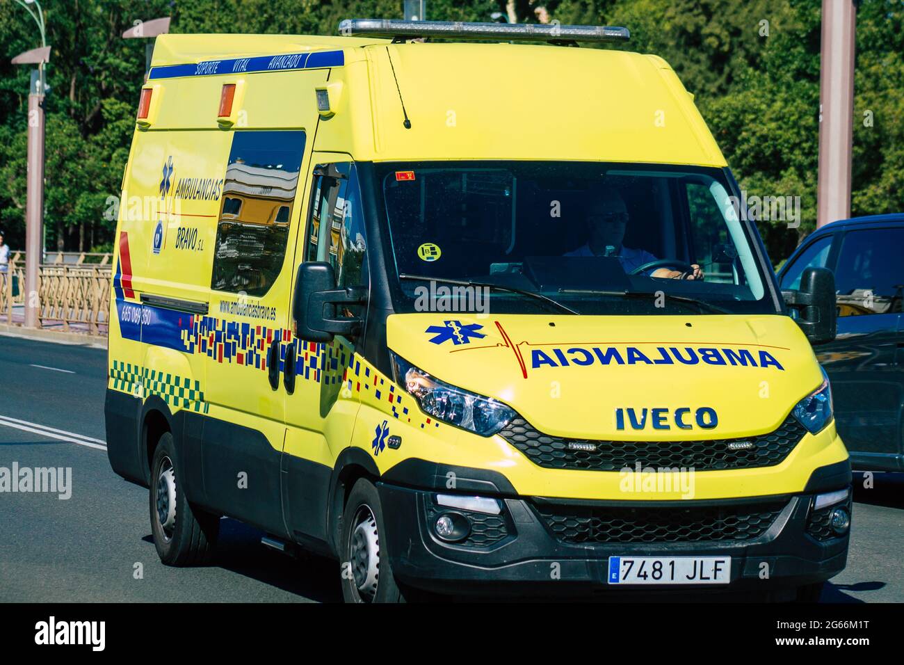 Seville Spain July 02, 2021 Ambulance driving through the streets of ...
