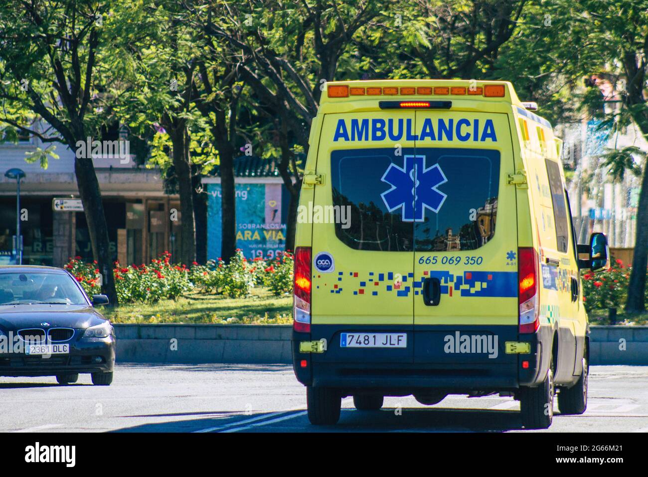 Seville Spain July 02, 2021 Ambulance driving through the streets of ...