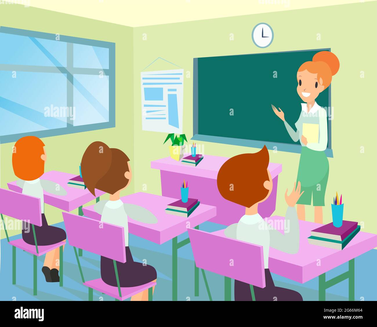 Vector illustration of teacher in classroom with kids. Female teacher ...