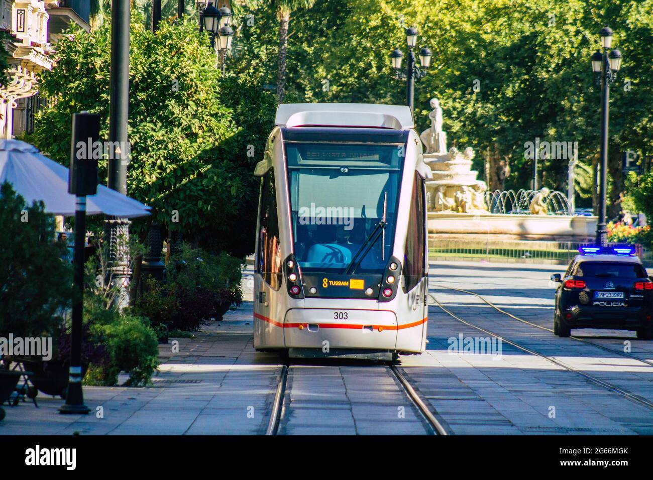 Seville Spain July 02, 2021 Modern electric tram for passengers rolling ...