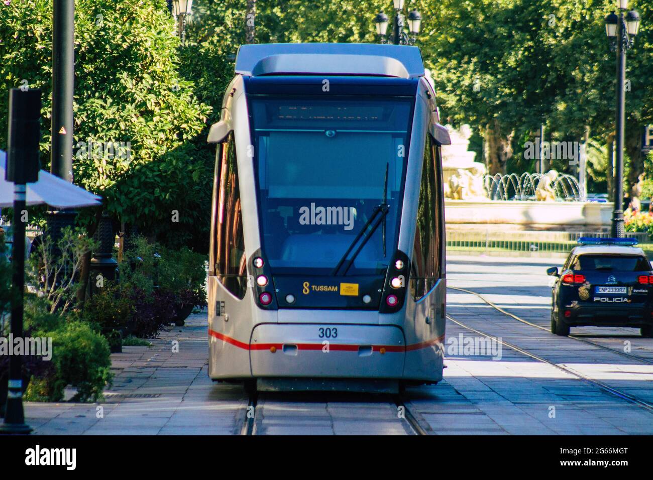Seville Spain July 02, 2021 Modern electric tram for passengers rolling ...