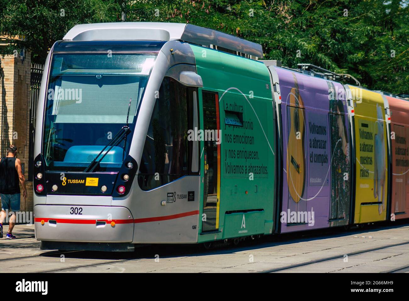 Seville Spain July 02, 2021 Modern electric tram for passengers rolling ...