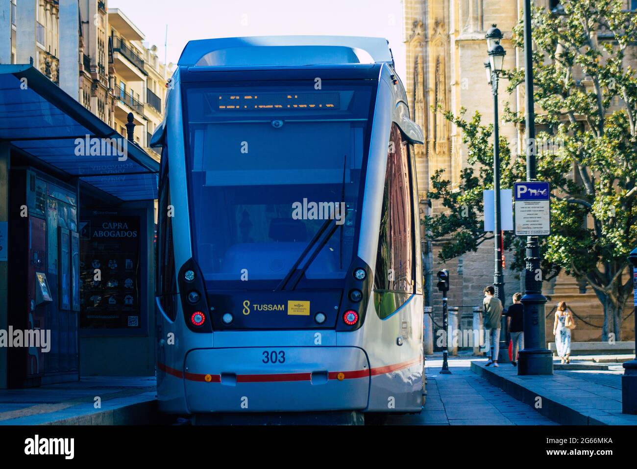 Seville Spain July 02, 2021 Modern electric tram for passengers rolling ...