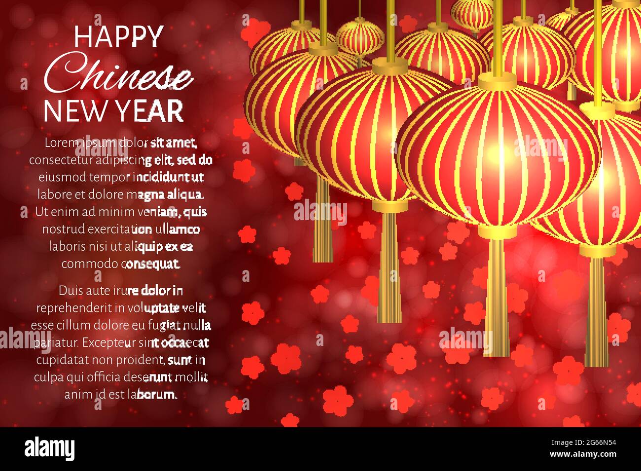 Chinese new year vector illustration with lanterns and cherry blossom on bright red bokeh ...