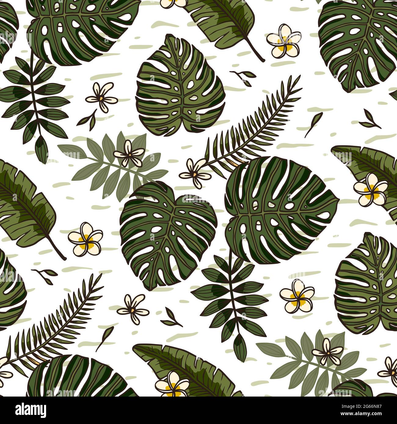 Monstera leaf and flower vector seamless pattern background. Tropical ...