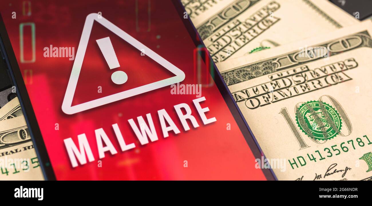 Malware screen on mobile phone, close-up, firewall and computer ...