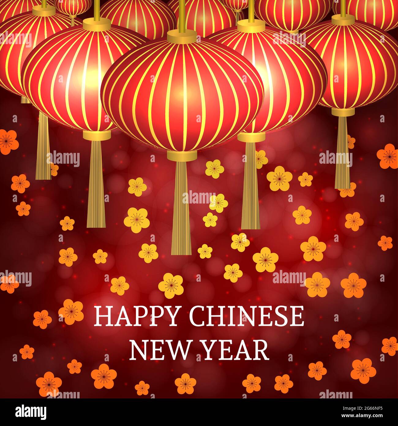 Chinese new year vector illustration with lanterns and cherry blossom on bright red bokeh ...