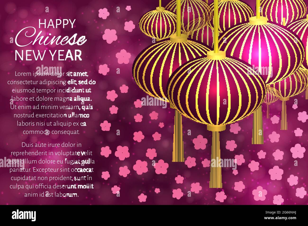 Chinese New Year vector illustration with lanterns and cherry blossom on bokeh background. Easy ...