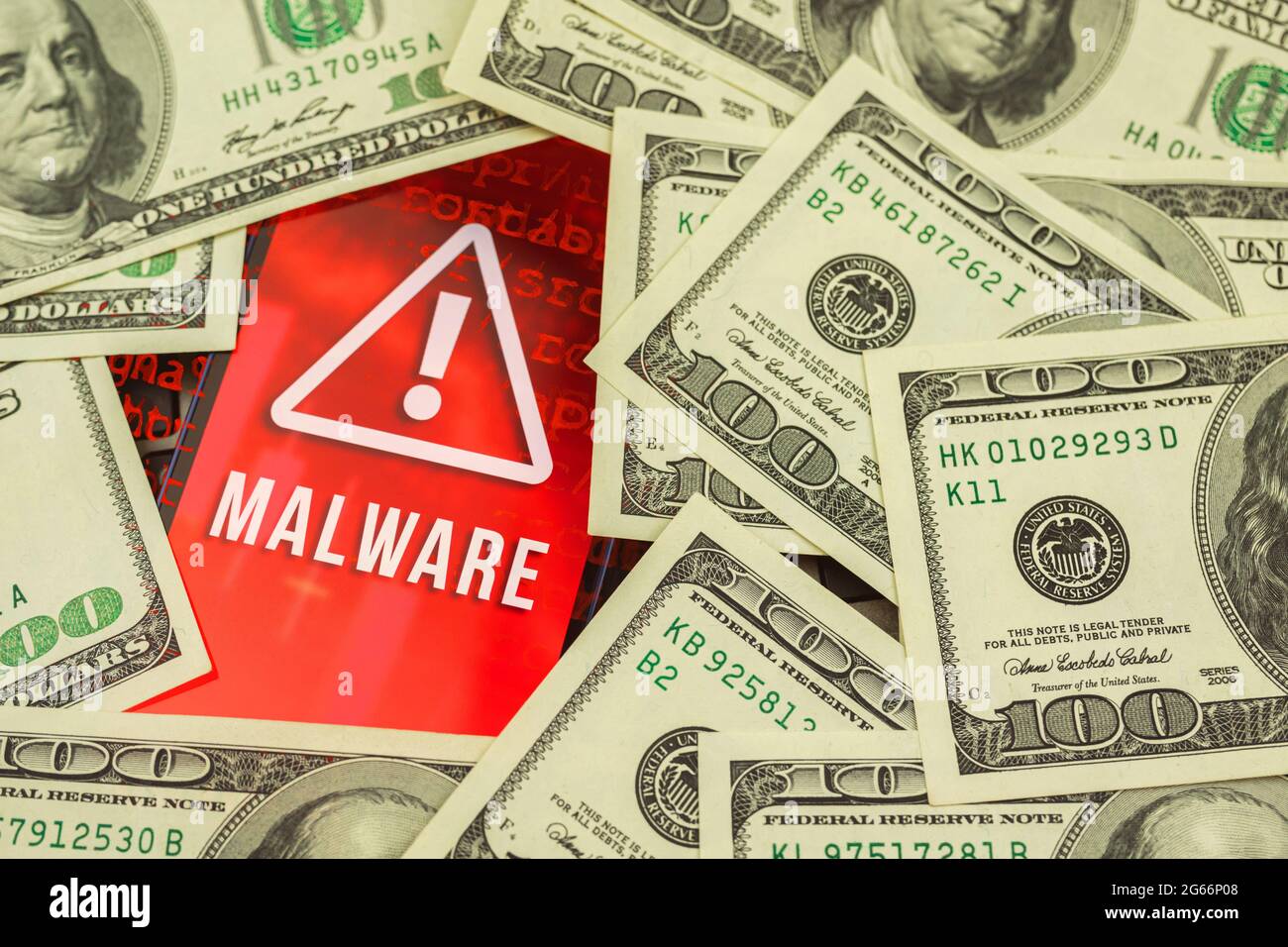 Hacking the personal data, money banknote on the background and malware ...
