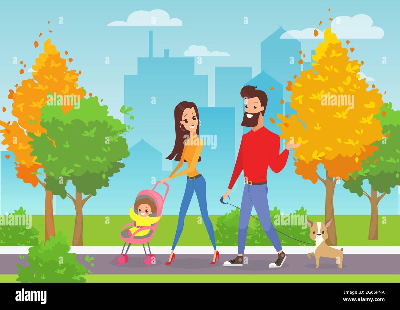 Vector illustration of happy young family with toddler walking in city ...