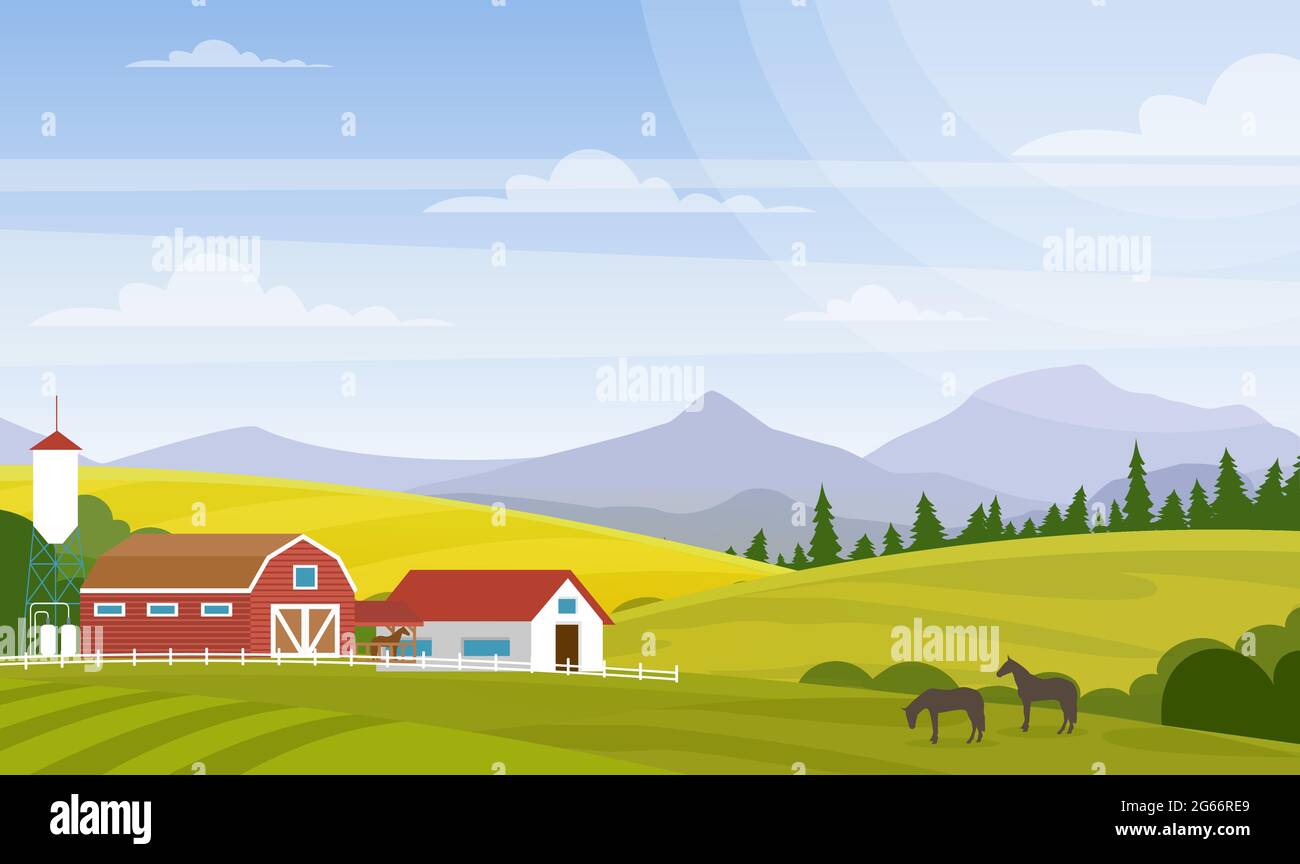 Vector illustration of rural landscape. Beautiful countryside with farm ...