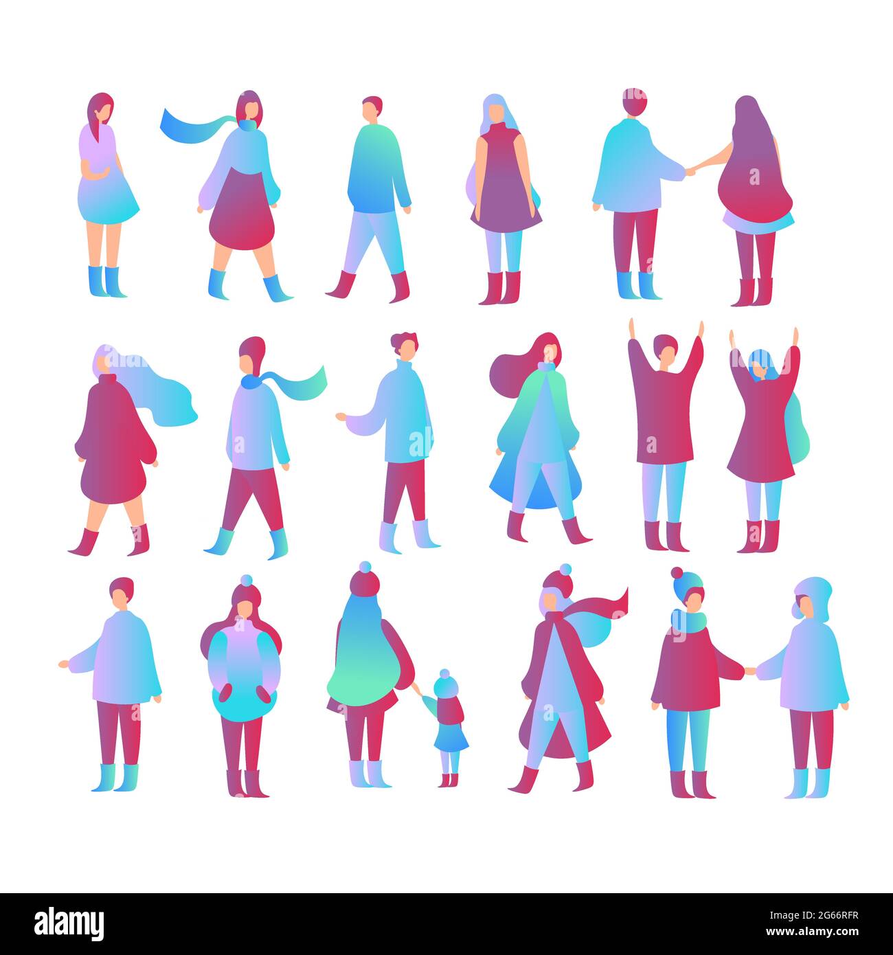 Vector illustration set of people in different poses, walking with kid ...