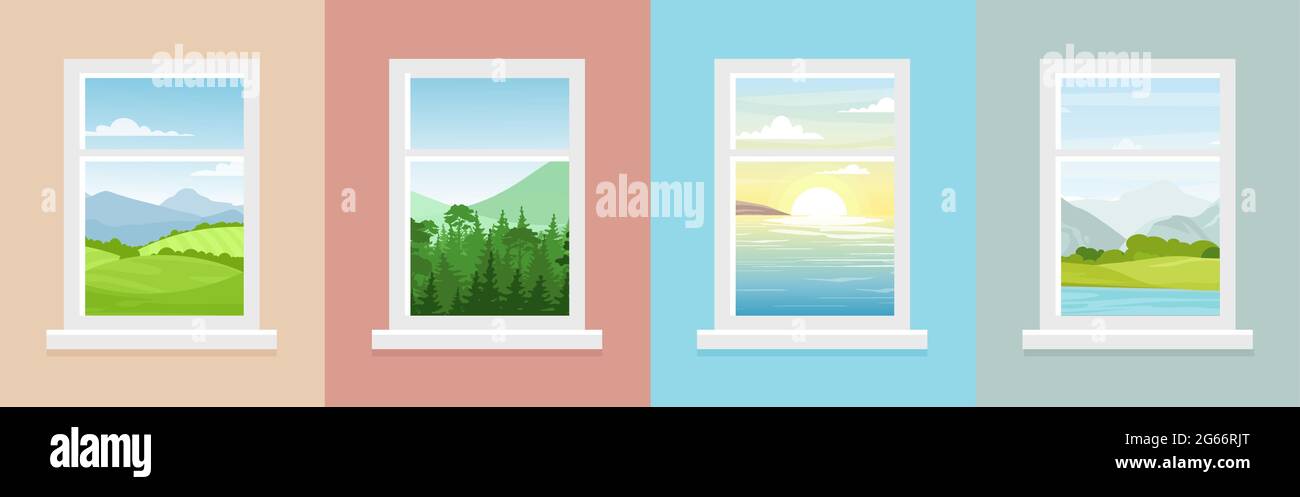 Vector illustration set of windows with different landscapes. Town and ...