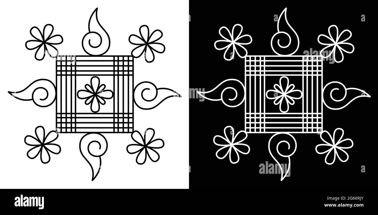 Indian Rangoli design concept of floral line art isolated on white ...