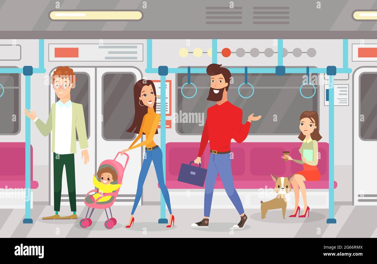 Vector illustration of people in subway underground train. Interior of ...