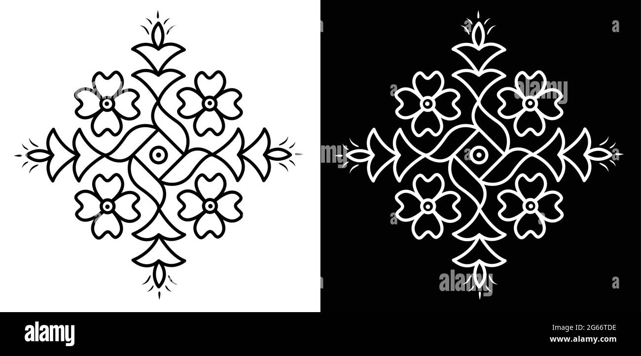 Indian Rangoli design concept of floral line art isolated on white ...