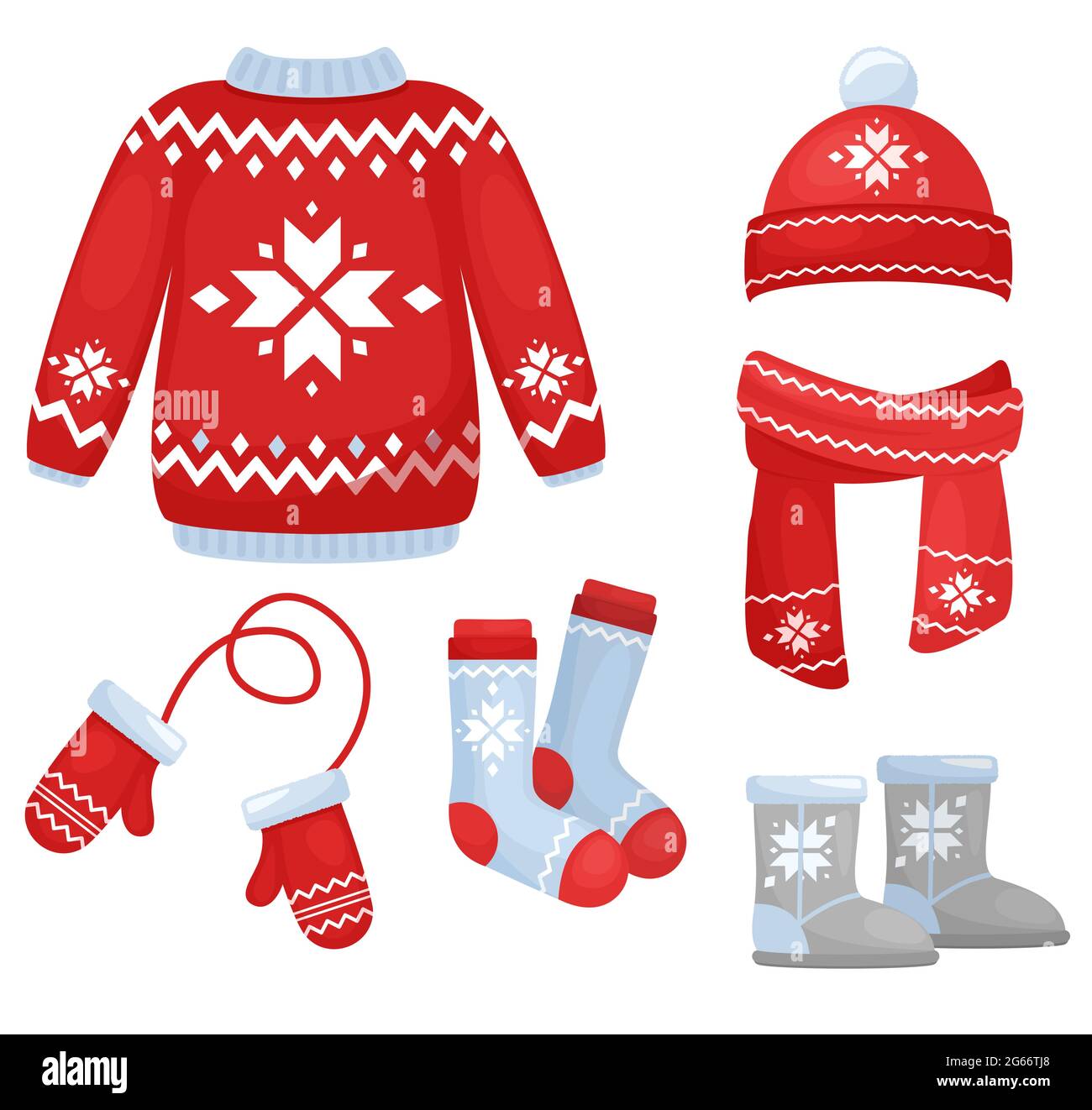 Vector illustration of winter clothes collection. Knitted hat and scarf ...