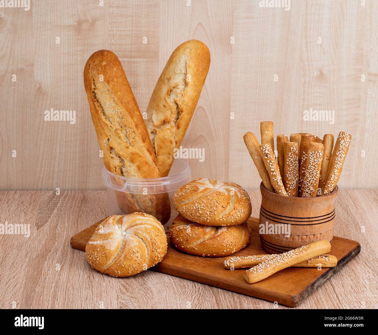 Сrisp bread with buns. French baguettes. Fresh crispbread. Bread ...