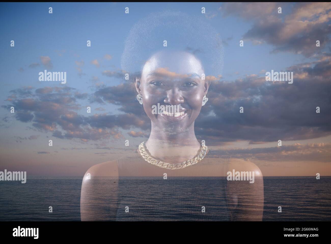 Multiple exposure image with clouds and sky inside positive smiling ...
