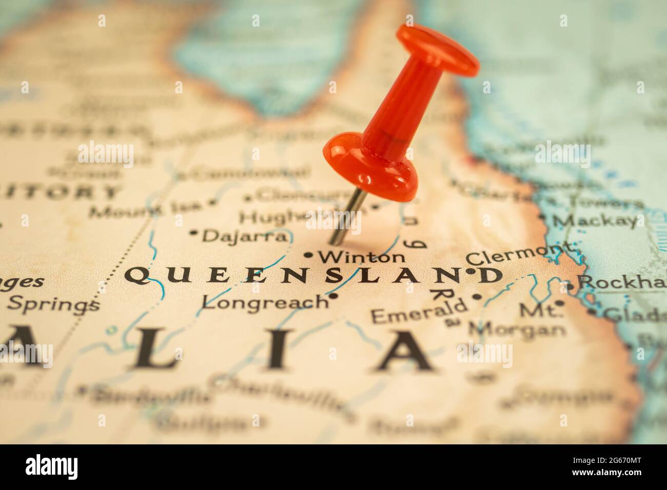 Location Queensland state in Australia, map with push pin closeup ...