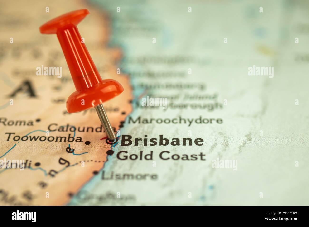 Location Brisbane in Australia, map with push pin closeup, travel and ...