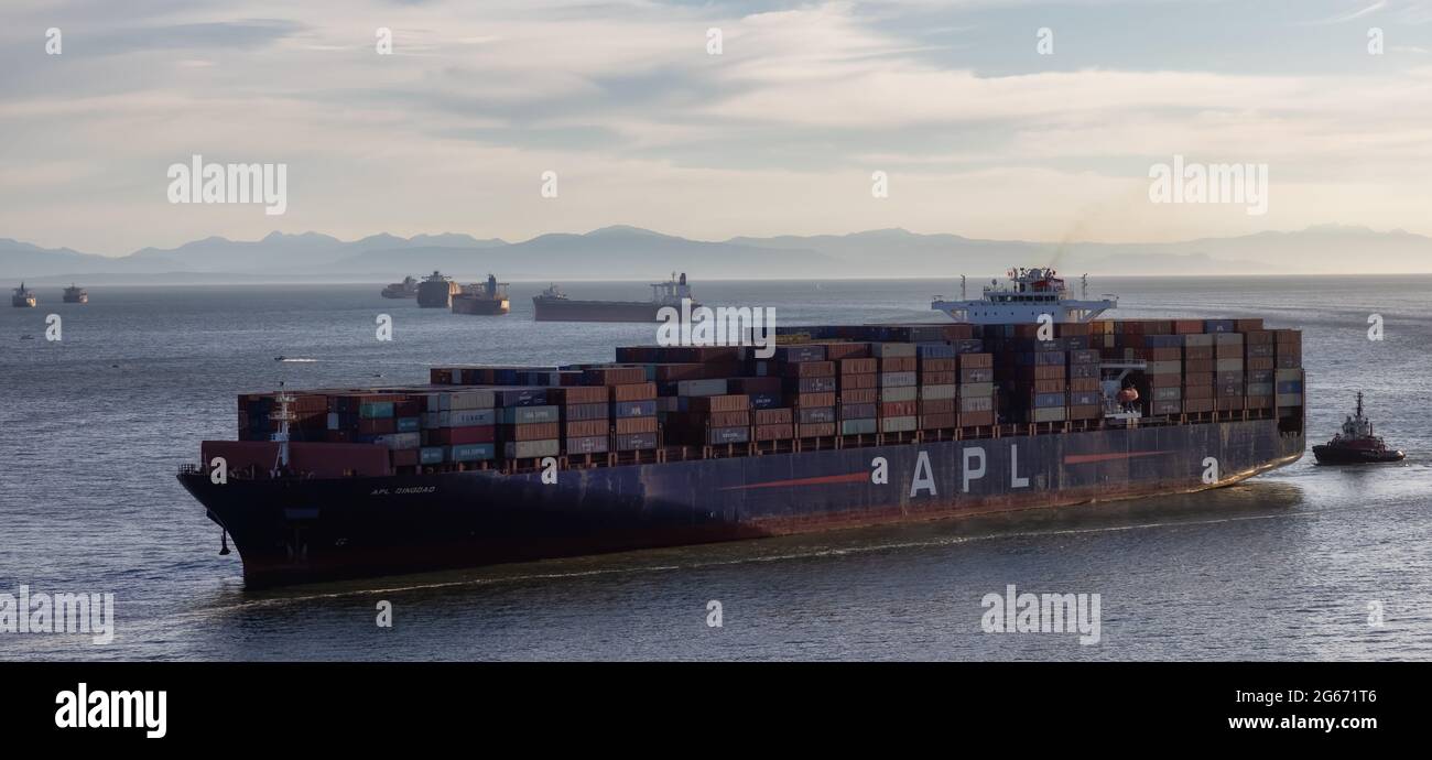 Cargo Ship arriving to the Port on the West Coast Pacific Ocean Stock ...