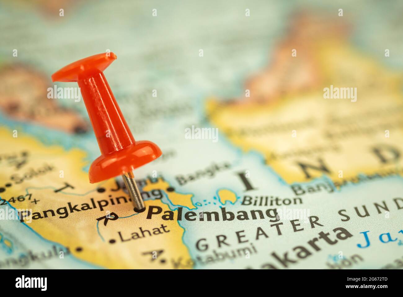 Location Palembang in Sumatra, map with push pin closeup, travel and ...