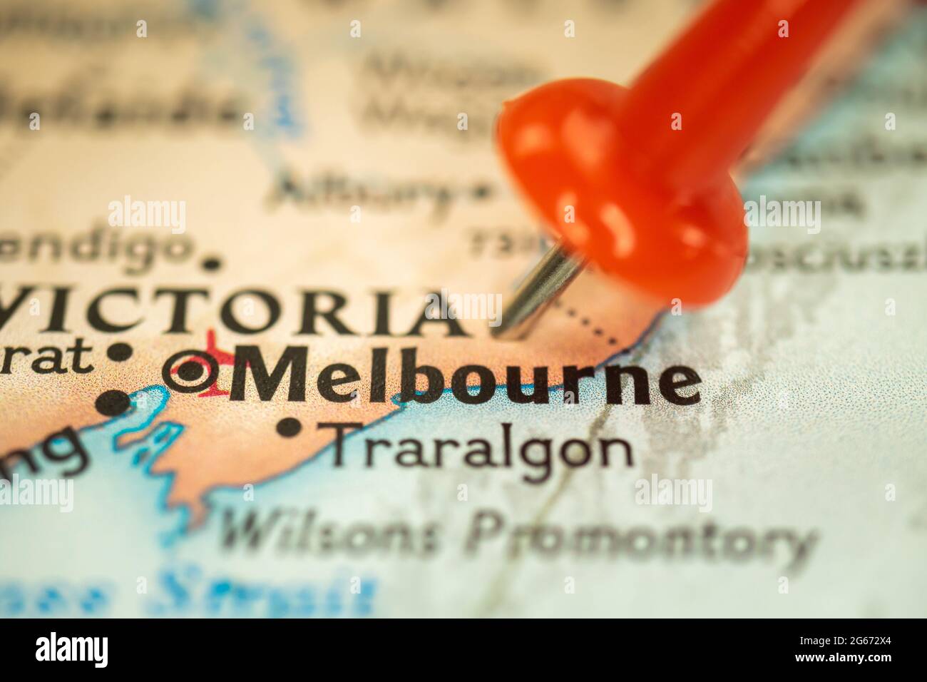 Location Melbourne in Australia, map with push pin closeup, travel and ...