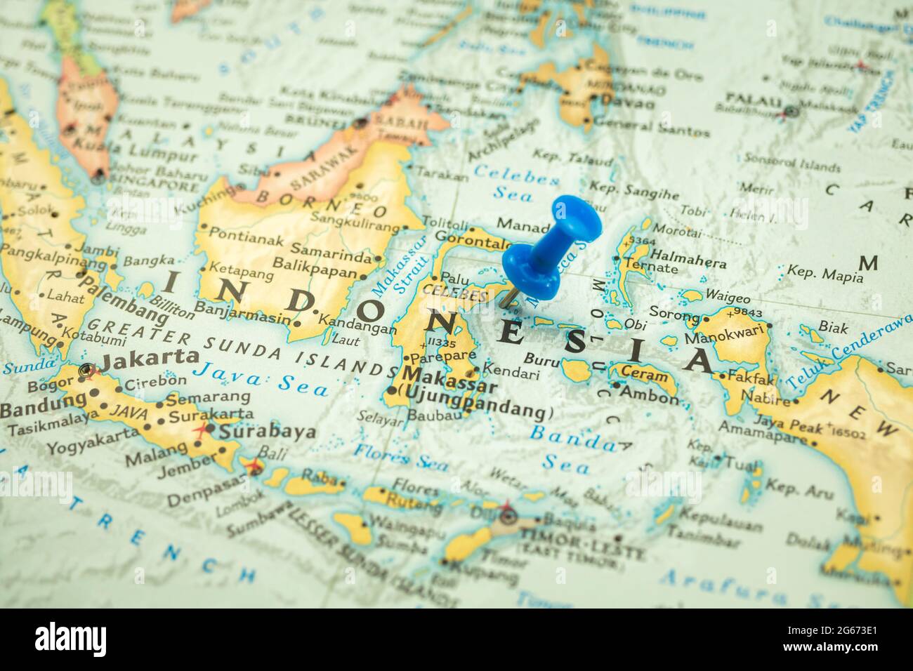 Location Indonesia, map with push pin closeup, travel and journey ...