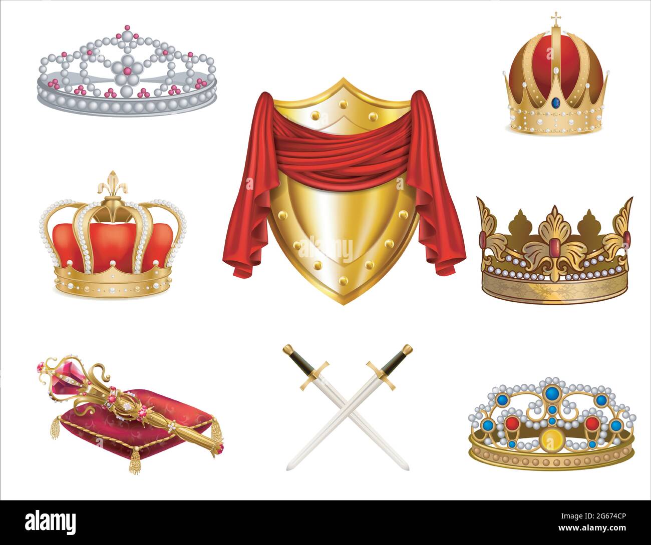 Golden ancient crowns and swords set on white Stock Vector Image & Art ...