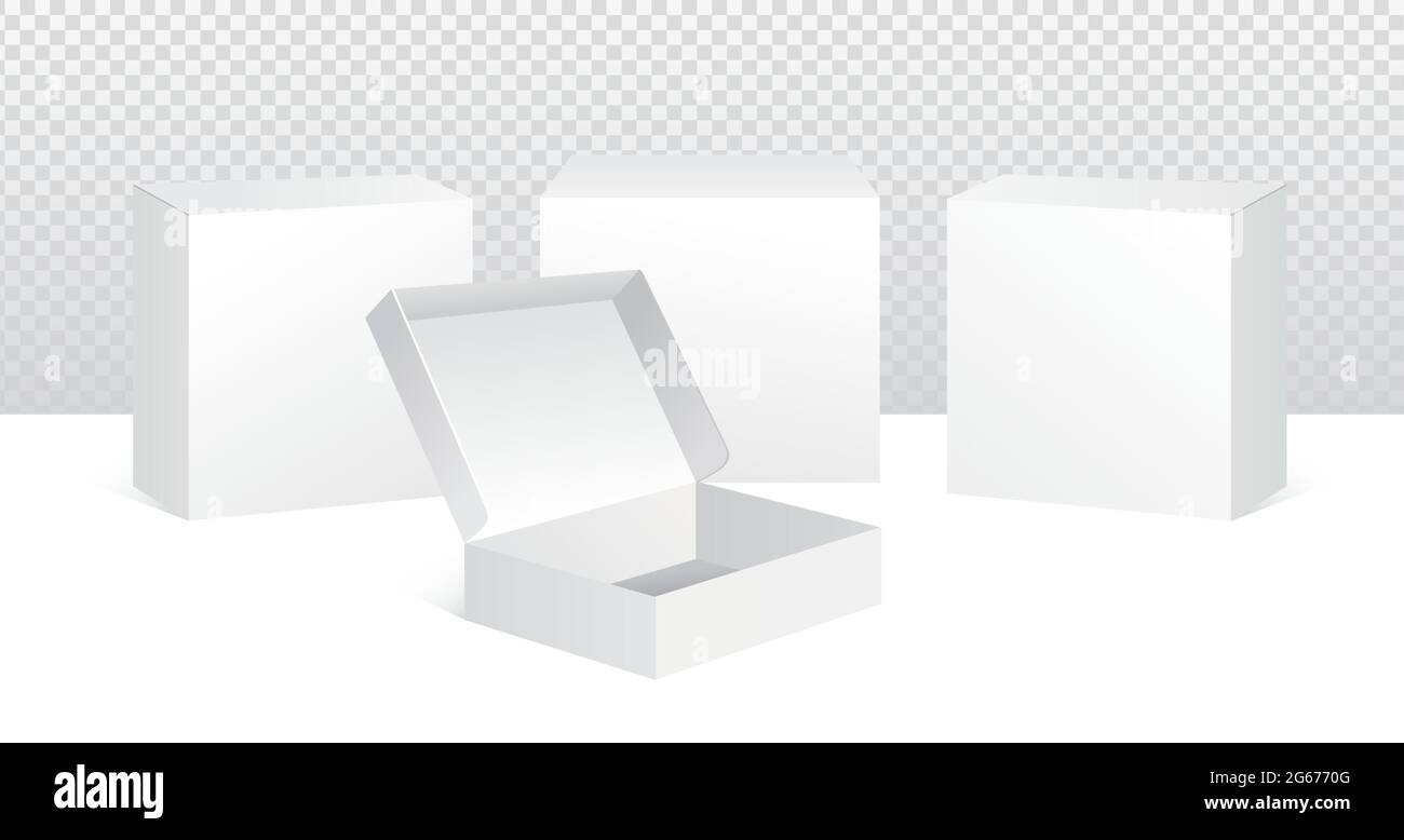 Vector illustration set of white product packaging boxes on white ...