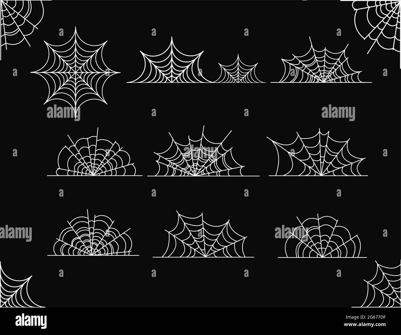 Vector illustration set of spider web of different shapes on black ...