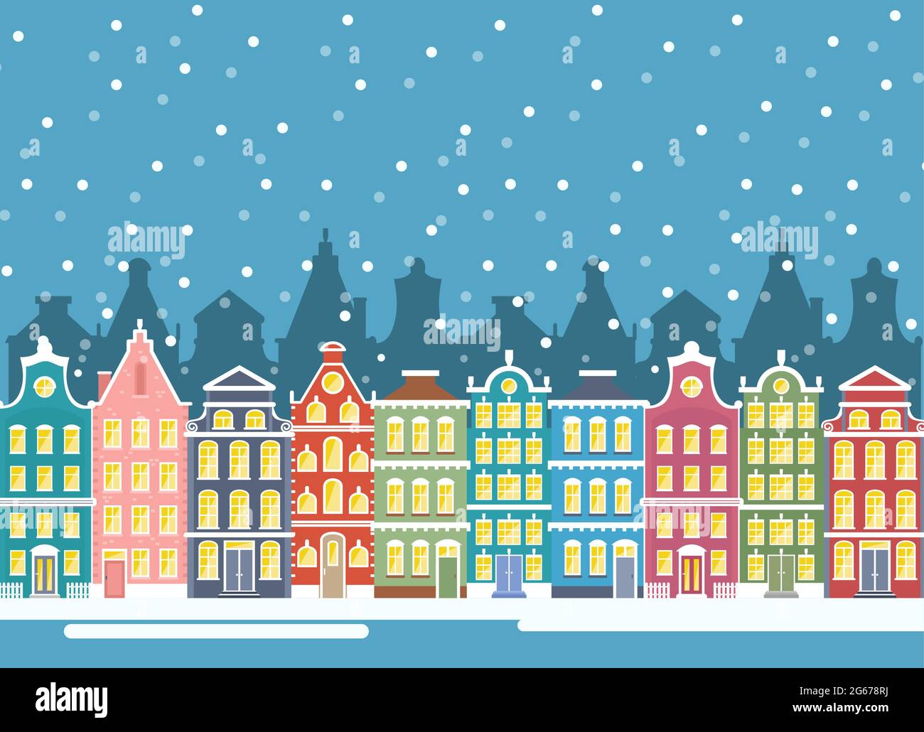Vector illustration of winter city houses in christmas time. Winter ...