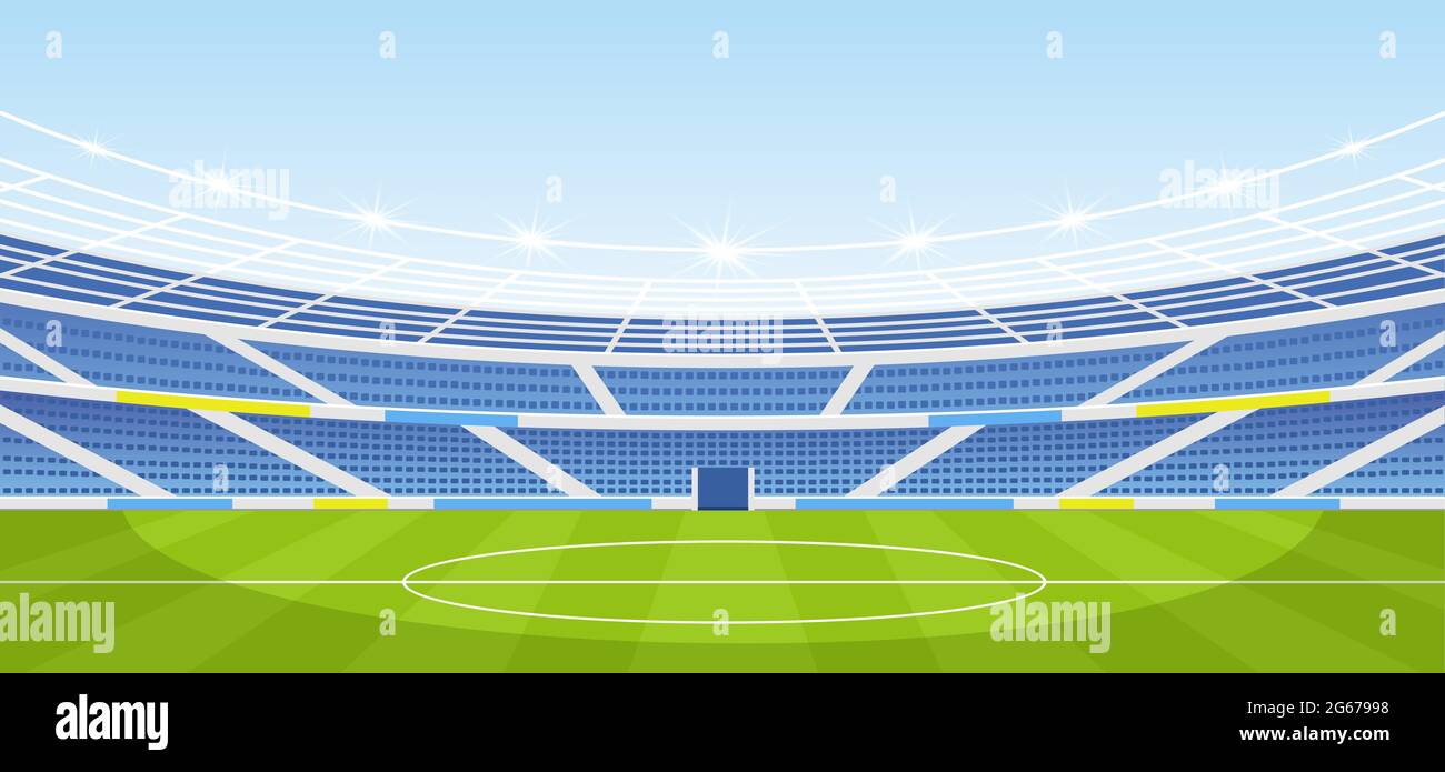 Vector illustration of empty sports stadium with lights in flat cartoon ...