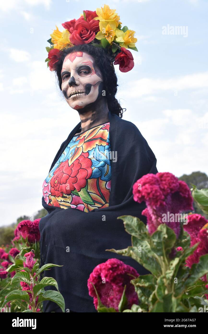A woman dressed as Catrina, a famous Day of the Dead figure, poses in a ...