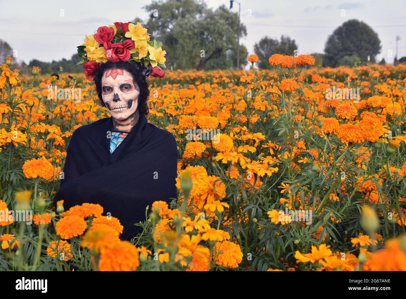 A woman dressed as Catrina, a famous Day of the Dead figure, poses in a ...
