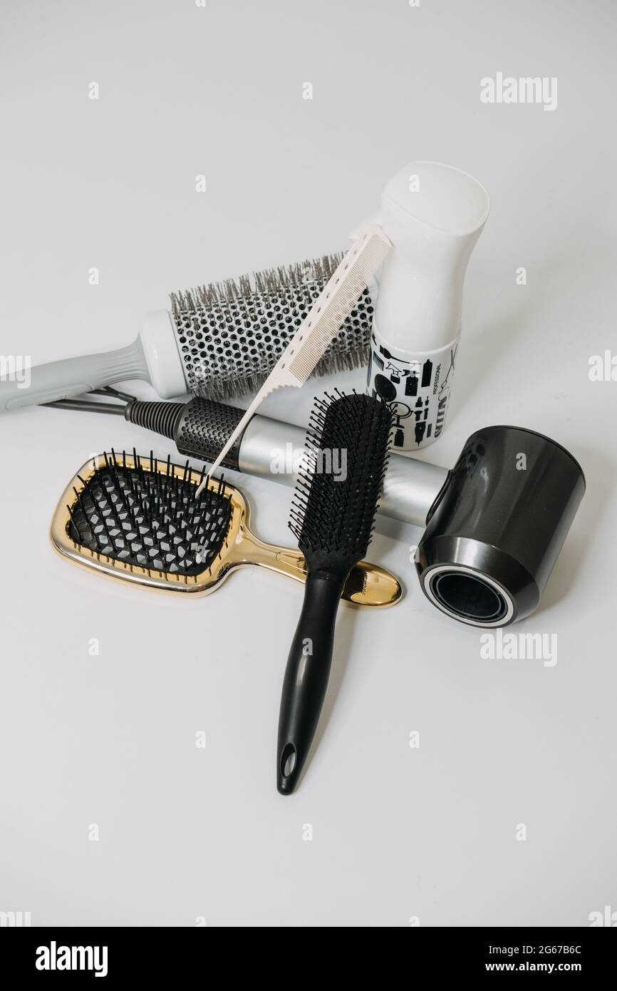 Hairdressing Tools and Equipment. Hair dryer, Paddle Brush, variety of ...
