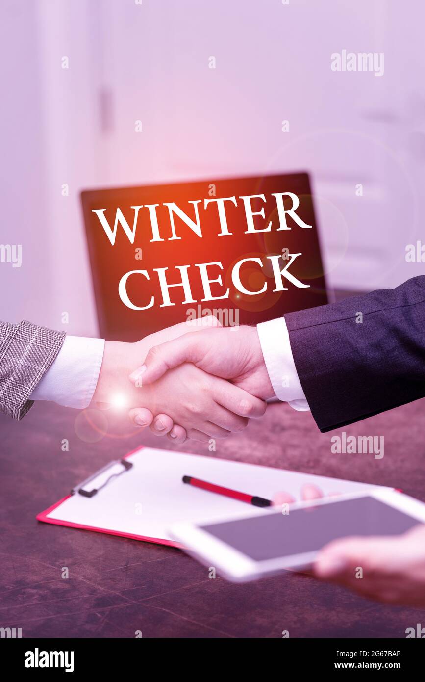 Hand writing sign Winter Check. Word for Coldest Season Maintenance ...