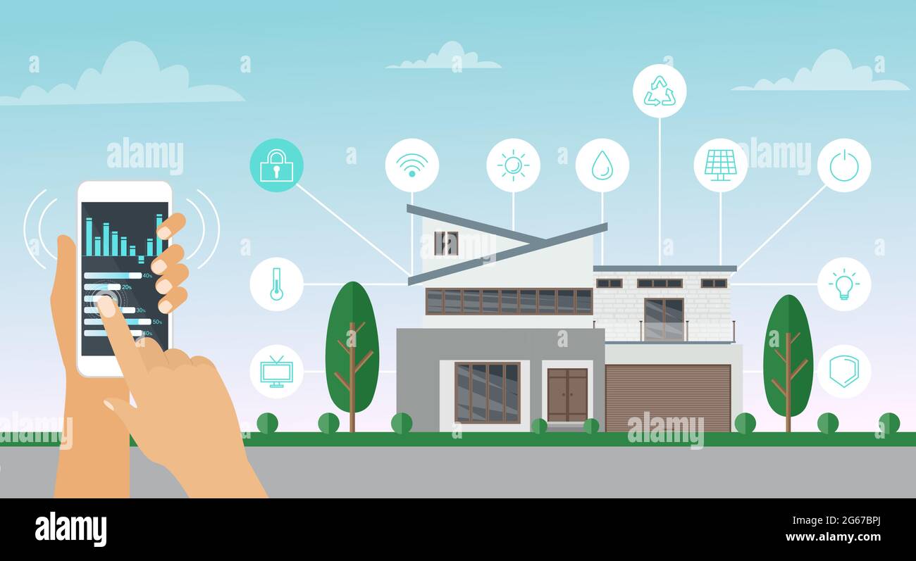 Vector illustration of smart house concept. Home technology system with ...