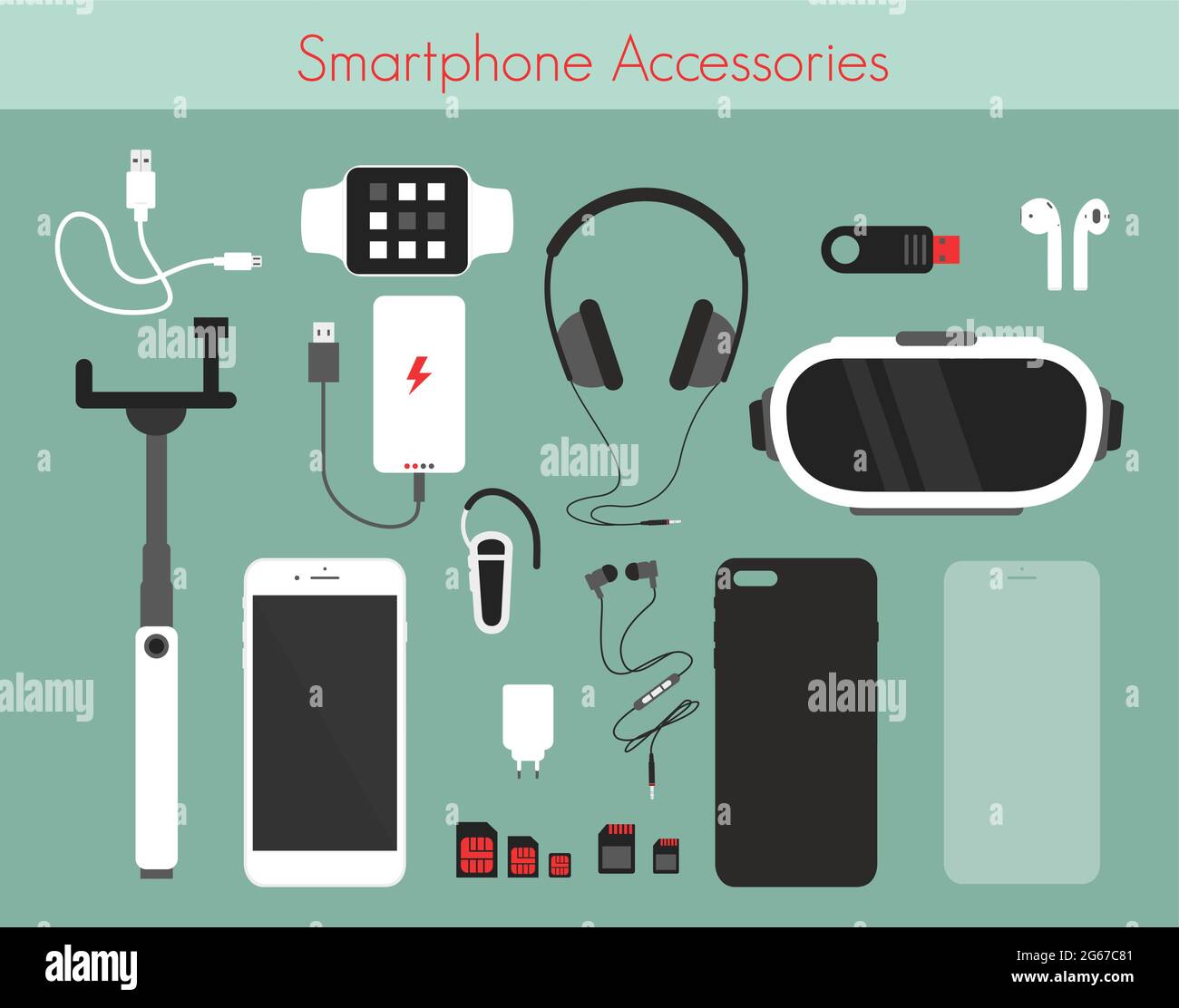 Vector illustration set of different phone accessories on green ...