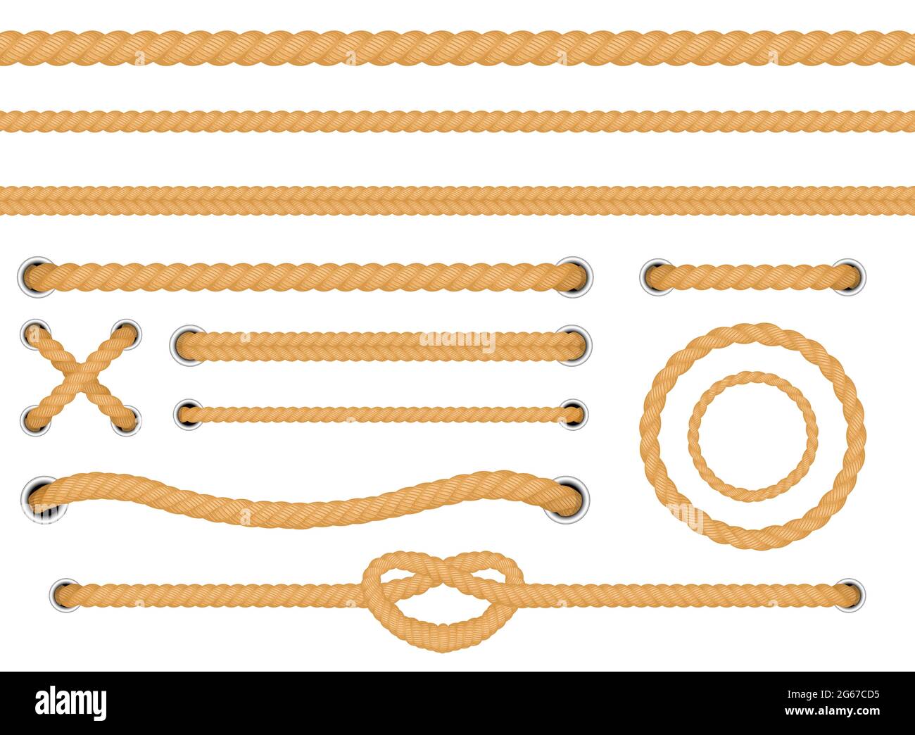 Vector illustration set of realistic seamless treads and twisted rope ...