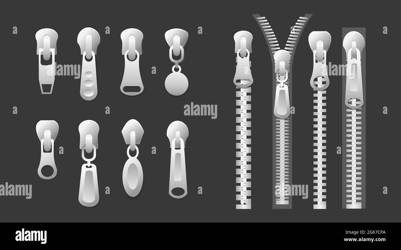 Vector illustration set of metal and silver color fasteners, zippers ...