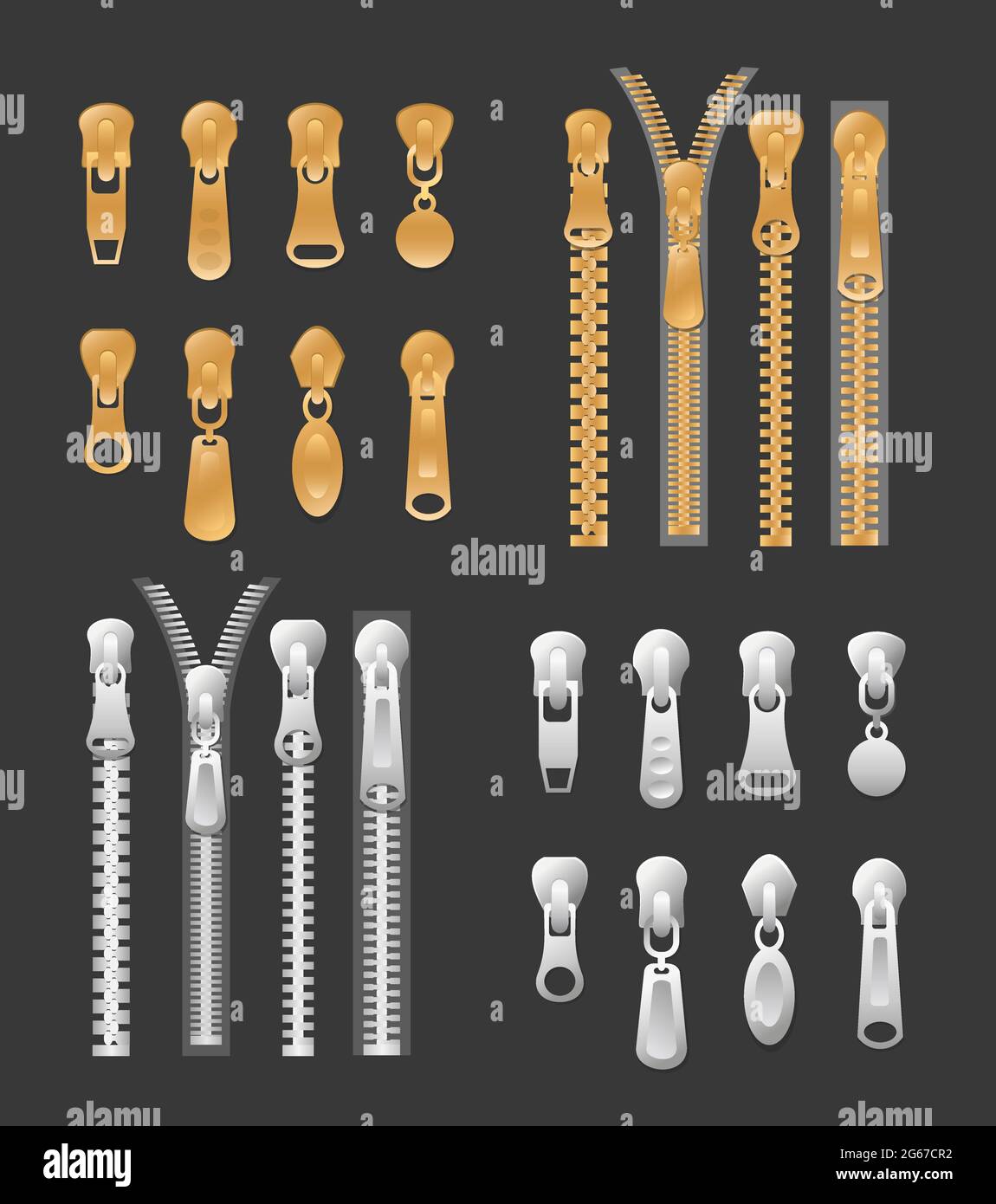 Vector illustration set of gold color and silver metallic zippers. Closed and open pullers ...
