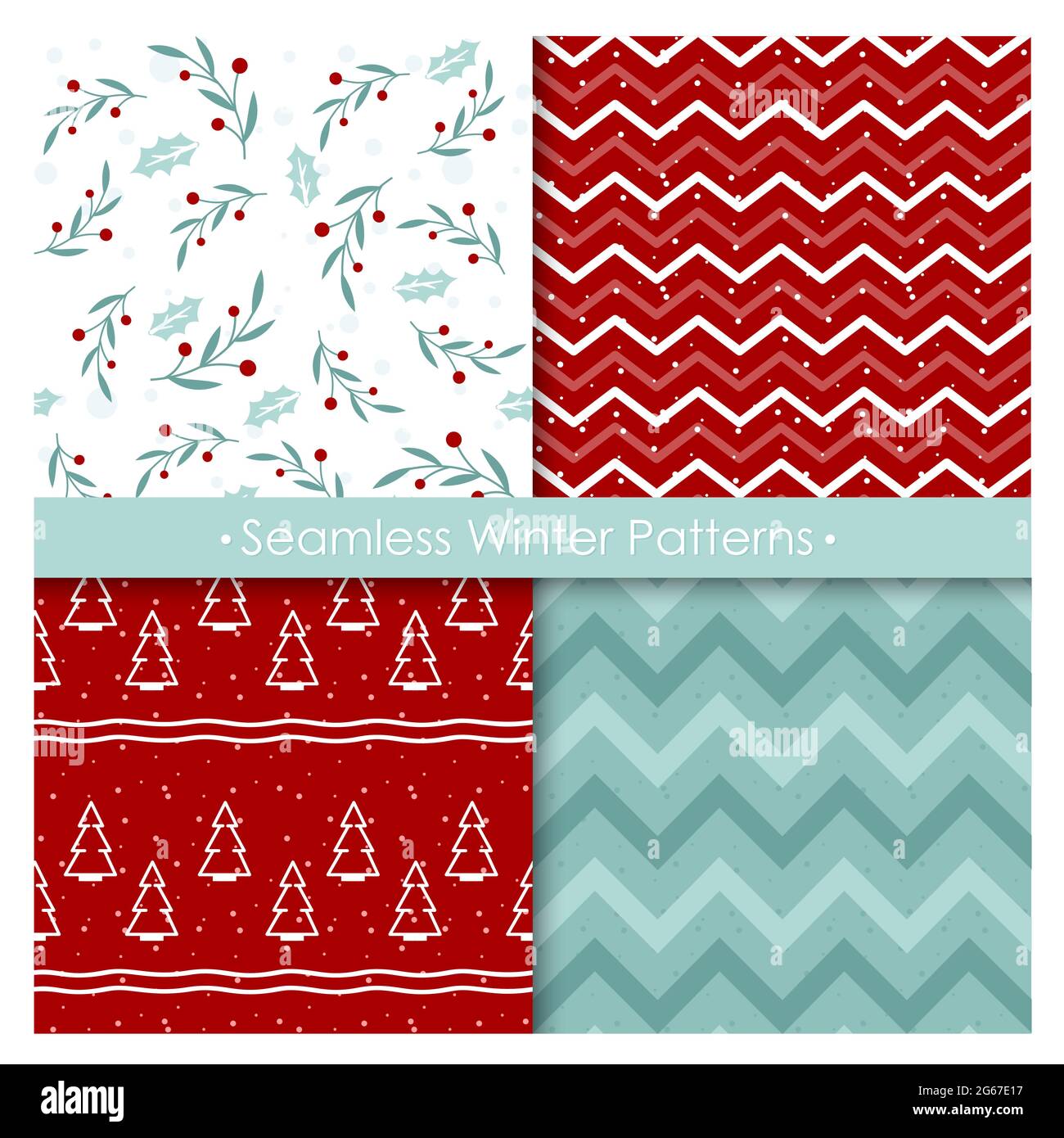 Vector illustration set of seamless Christmas patterns in blue and red ...