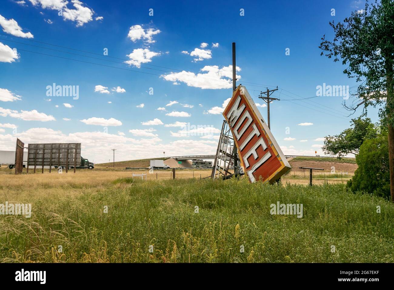 broken derelict motel sign in field at midpoint on Route 66 Texas Stock ...