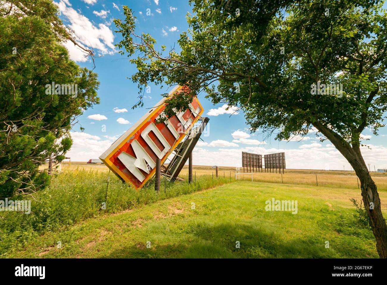 broken derelict motel sign in field at midpoint on Route 66 Texas Stock ...