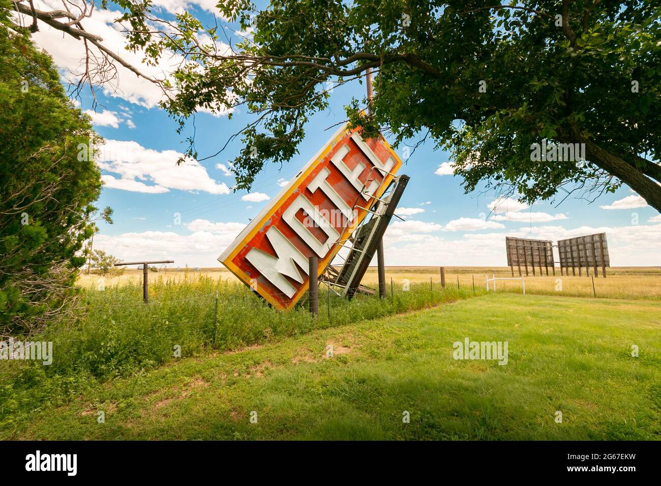 broken derelict motel sign in field at midpoint on Route 66 Texas Stock ...