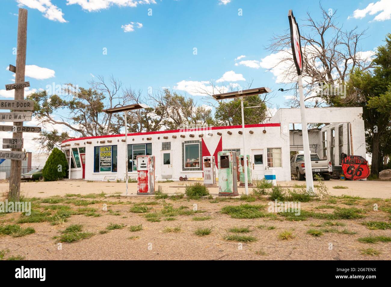 vintage Chevron gas station with pumps on Route 66 Texas Stock Photo ...