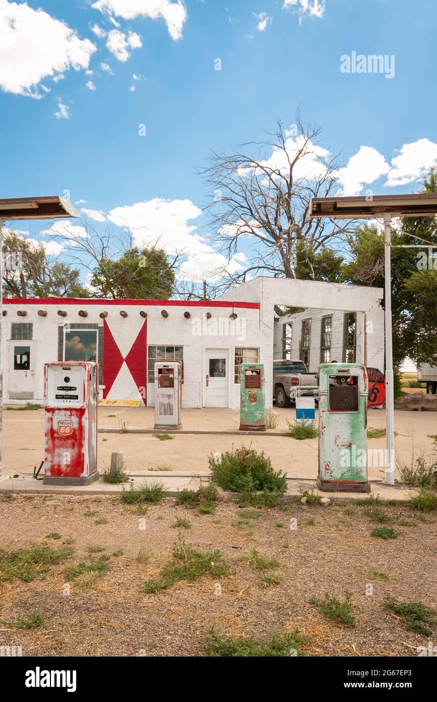 vintage Chevron gas station with pumps on Route 66 Texas Stock Photo ...